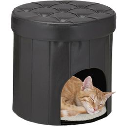 Relaxdays - Katzenhocker, 2in1 Sitzhocker & Haustierhöhle, HxD: 38x38 cm, für Katzen & kleine Hunde, mit Kissen, anthrazit