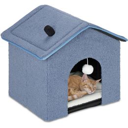 Katzenhöhle, faltbar, flauschig, Versteck für Katzen & kleine Hunde, hbt: 44x48x45 cm, Indoor Hundehütte, blau - Relaxdays
