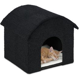 Katzenhöhle, faltbar, flauschig, Katzen Schlafplatz mit Kratzfläche, hbt: 44 x 48 x 41 cm, Katzenhaus, schwarz - Relaxdays
