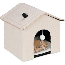 Katzenhöhle, faltbar, flauschig, Versteck für Katzen & kleine Hunde, hbt: 44x48x45cm, Indoor Hundehütte, beige - Relaxdays