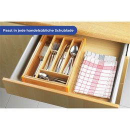 Wenko Maximex Besteckkasten Bambus, ausziehbar, Braun, Bambus braun, Silikon orange - braun