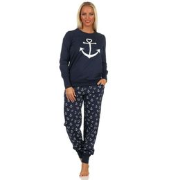 Normann Pyjama Damen Schlafanzug mit Bündchen in maritimer Optik mit Anker als Motiv