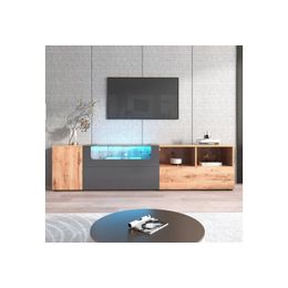 EXTSUD TV-Schrank Eichenholz TV-Schrank mit LED-Beleuchtung Mit farbwechselnden LED-Leuchten und Glasplatte mit Fächern und Türen