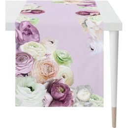 Apelt Tischläufer 6802 HAPPY VALENTINE, Valentinstag (1-tlg), Digitaldruck, mit Frühjahrsblüten Motiv, Sommerdeko, bunt|lila