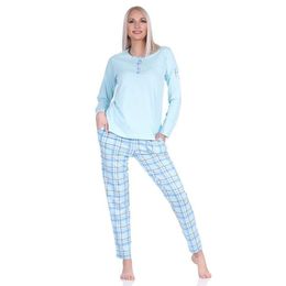 Normann Pyjama Damen Schlafanzug langarm Pyjama mit karierter Hose aus Jersey