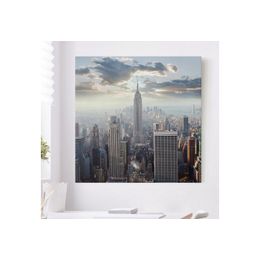 Bilderdepot24 Leinwandbild Skyline Modern Sonnenaufgang New York beige Bild auf Leinwand XXL