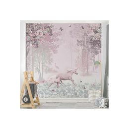 Bilderdepot24 Kindertapete Kinderzimmer Einhorn Blumenwiese Rosa Kinder Wanddeko Wald Bäume