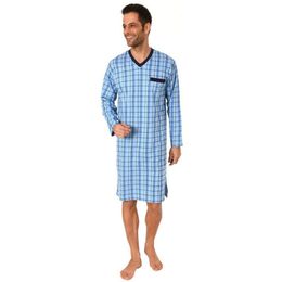 Normann Pyjama Herren Nachthemd langarm mit V-Hals und Brusttasche in Karo-Optik
