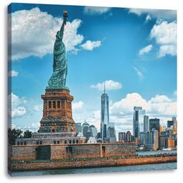 Pixxprint Leinwandbild Freiheitsstatue mit New Yorker Skyline