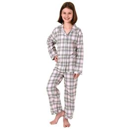 Normann Pyjama Mädchen Flanell Pyjama langarm Schlafanzug kariert mit Knopfleiste