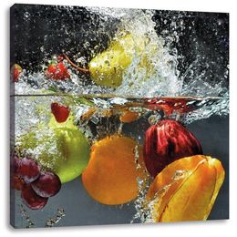 Pixxprint Leinwandbild Früchte fallen ins Wasser