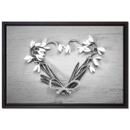 Pixxprint Leinwandbild Herz aus Blumen Kunst B&W