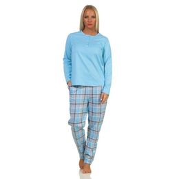 Normann Pyjama Damen Pyjama langarm Schlafanzug mit Karohose und Knopfleiste am Hals