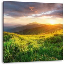 Pixxprint Leinwandbild Sommerliche Bergwiese Sonnenuntergang