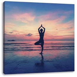 Pixxprint Leinwandbild Yoga am Strand