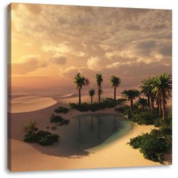 Pixxprint Leinwandbild Oase in der Wüste bei Sonnenuntergang