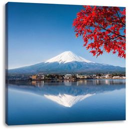 Pixxprint Leinwandbild Berg Fujiyama mit herbstlich rotem Baum