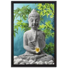 Pixxprint Leinwandbild Buddha auf Steinen mit Monoi Blüte