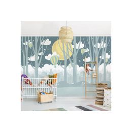 Bilderdepot24 Kindertapete Kinderzimmer Mond Bäume Häuser Kinder Wanddeko Blau Wald Illustration