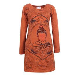 Vishes Midikleid Langarm Baumwollkleid Shirtkleid mit Buddha Druck Übergangskleid