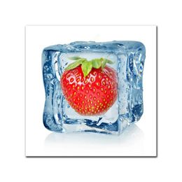 Bilderdepot24 Leinwandbild Eiswürfel Erdbeere