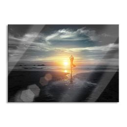 Pixxprint Glasbild Yoga Silhouette am Strand