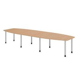 Hammerbacher Konferenztisch KT40C eiche Tonnenform, Rundrohr silber, 400,0 x 85,0 - 130,0 x 72,0 - 74,0 cm