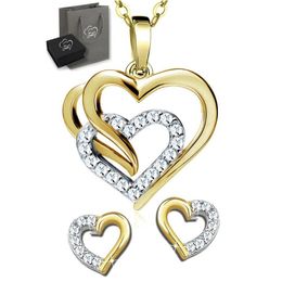Limana Ohrring und Ketten Set 45-50cm Damen 925 Silber Gold Herzkette Herz-Ohrstecker Anhänger (inkl. Herz Geschenkdose und Tasche)