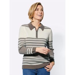 Polokragenpullover Casual Looks "Pullover" Gr. 42, grau (taupe, ecru, geringelt) Damen Pullover Polokragen-Pullover