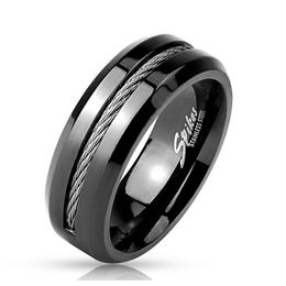 BUNGSA Fingerring Ring mit Kabel Mittelring Schwarz aus Edelstahl Herren (Ring