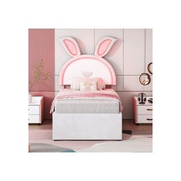 HAUSS SPLOE Polsterbett 90 x 200 cm mit Kopfteil in Hasenform (Einzelbett mit ausziehbarem Bett und 3 Schubladen)