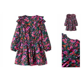 vidaXL A-Linien-Kleid Kinderkleid mit Langen Ärmeln Blumenmuster Knallrosa 128