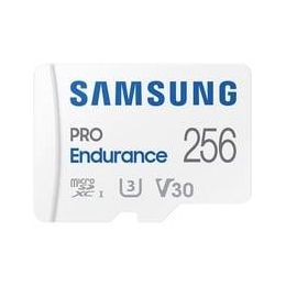 Samsung PRO Endurance 256 GB microSDXC (2022), Speicherkarte weiß, UHS-I U3, Class 10, V30 Kapazität: 256 GB Geschwindigkeit: Lesen: max. 100 MB/s, Schreiben: max. 40 MB/s Speichertyp: microSDXC Bus-Schnittstelle: UHS-I, High Speed