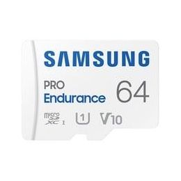 Samsung PRO Endurance 64 GB microSDXC (2022), Speicherkarte weiß, UHS-I U1, Class 10, V10 Kapazität: 64 GB Geschwindigkeit: Lesen: max. 100 MB/s, Schreiben: max. 30 MB/s Speichertyp: microSDXC Bus-Schnittstelle: UHS-I, High Speed