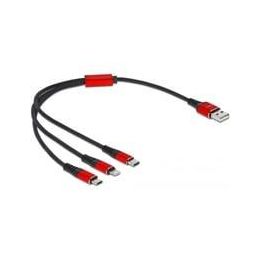 Delock USB Ladekabel, USB-A Stecker > 2x USB-C + Lightning Stecker schwarz/rot, 30cm, gesleevt, nur Ladefunktion