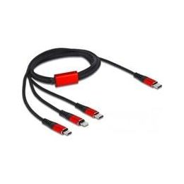 Delock USB Ladekabel, USB-C Stecker > Micro-USB + USB-C + Lightning Stecker schwarz/rot, 1 Meter, gesleevt, nur Ladefunktion