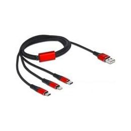 Delock USB Ladekabel, USB-A Stecker > 2x USB-C + Lightning Stecker schwarz/rot, 1 Meter, gesleevt, nur Ladefunktion