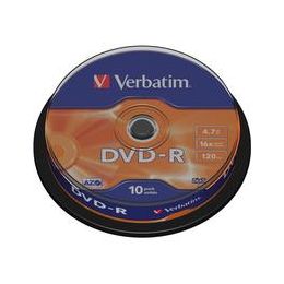 Verbatim DVD-R 4,7 GB, DVD-Rohlinge 16fach, 10 Stück Anzahl der Medien: 10 Stück Verpackung: Spindel Bedruckbar: Nein Verwendung: für DVD-Brenner