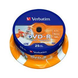 Verbatim DVD-R 4,7 GB, DVD-Rohlinge 16fach, 25 Stück Anzahl der Medien: 25 Stück Verpackung: Spindel Bedruckbar: Ja Verwendung: für DVD-Brenner