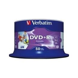 Verbatim DVD+R 4,7 GB, DVD-Rohlinge 16fach, 50 Stück Anzahl der Medien: 50 Stück Verpackung: Spindel Bedruckbar: Ja Verwendung: für DVD-Brenner