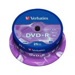 Verbatim DVD+R 4,7 GB, DVD-Rohlinge 16fach, 25 Stück Anzahl der Medien: 25 Stück Verpackung: Spindel Bedruckbar: Nein Verwendung: für DVD-Brenner