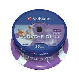 Verbatim DVD+R DL 8,5 GB, DVD-Rohlinge 8fach, 25 Stück Anzahl der Medien: 25 Stück Verpackung: Spindel Bedruckbar: Ja Verwendung: für DVD-Brenner