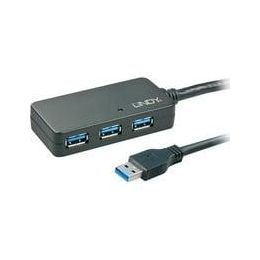 Lindy USB 3.2 Gen 1 Aktivhub Pro, USB-A Stecker > 3x USB-A Buchse, USB-Hub schwarz, 10 Meter