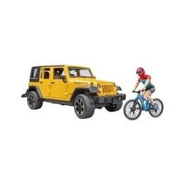 Bruder Jeep Wrangler Rubicon Unlimited, Modellfahrzeug gelb/schwarz, Inkl. Mountainbike und Radfahrer
