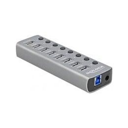 Delock USB 3.2 Gen 1 Hub mit 7 Ports + 1 Schnellladeport + 1 USB-C PD 3.0 Port , USB-Hub grau, mit Schalter und Beleuchtung