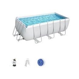 Bestway Power Steel Rectangular Frame Pool-Set, 412cm x 201cm x 122cm, Schwimmbad hellgrau, mit Sandfilteranlage Wasserinhalt: 8.124 Liter Wassertiefe max.: 110 cm Filtersystem: Sandfilteranlage, 3.028 l/h Aufbau: Sicherheitsleiter, Ablassventil