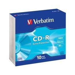 Verbatim CD-R 700 MB, CD-Rohlinge 52fach, 10 Stück, Extra Protection Anzahl der Medien: 10 Stück Verpackung: Slim Case Bedruckbar: Nein Verwendung: für CD-Brenner