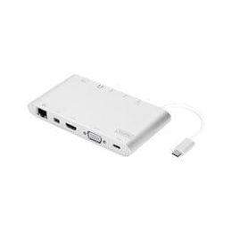 Digitus Universal Docking Station, Dockingstation silber, USB-C, HDMI, VGA, Gigabit LAN Geeignet für: Notebook, PC Anschlüsse: 1x RJ-45, 1x HDMI-Ausgang, 3x USB-A 3.2 (5 Gbit/s), 1x USB-C 3.2 (5 Gbit/s), 1x VGA-Ausgang Stromversorgung: USB-Betrieb Typ: Dockingstation