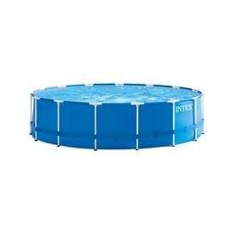 Intex Frame Pool Set Rondo, Ø 457 x 122cm, Schwimmbad dunkelblau/weiß, Kartuschen-Filteranlage ECO 638R Wasserinhalt: 16.805 Liter Wassertiefe max.: 107 cm Filtersystem: Kartuschenfilter, 3.785 l/h Aufbau: Bodenplane, Abdeckplane, Sicherheitsleiter, Ablassventil