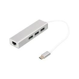 Digitus USB 3.2 Gen 1 Multiport-Hub, USB-C Stecker > 3x USB-A Buchse + RJ-45 Buchse, USB-Hub wei&szlig;/silber, 20cm, Gigabit LAN